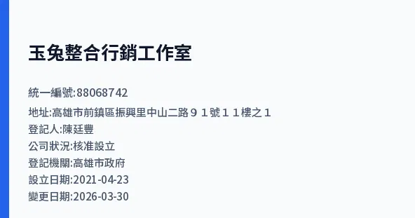 玉兔整合行銷工作室的照片-統編 88068742(高雄市) 公司登記資料與營業項目詳細圖表