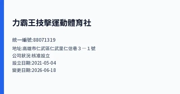 力霸王技擊運動體育社的照片-統編 88071319(高雄市) 公司登記資料與營業項目詳細圖表