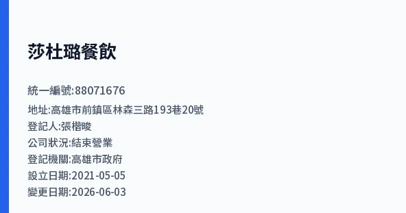 莎杜璐餐飲的照片-統編 88071676(高雄市) 公司登記資料與營業項目詳細圖表