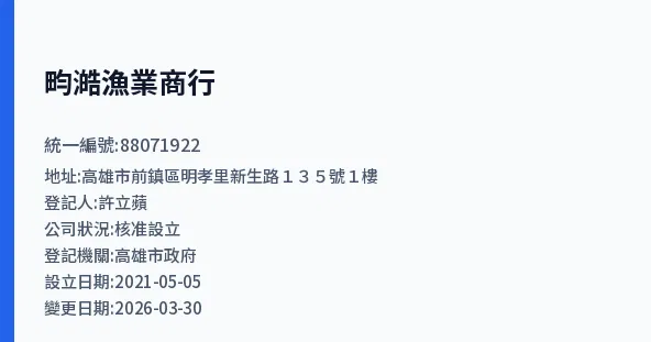畇澔漁業商行的照片-統編 88071922(高雄市) 公司登記資料與營業項目詳細圖表
