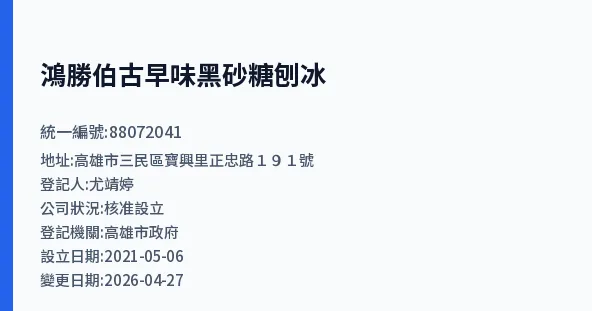 鴻勝伯古早味黑砂糖刨冰的照片-統編 88072041(高雄市) 公司登記資料與營業項目詳細圖表