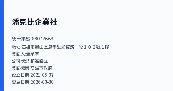 潘克比企業社的照片-統編 88072669(高雄市) 公司登記資料與營業項目詳細圖表