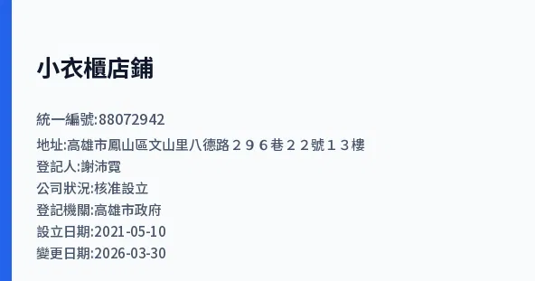 小衣櫃店鋪的照片-統編 88072942(高雄市) 公司登記資料與營業項目詳細圖表