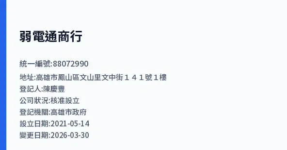 弱電通商行的照片-統編 88072990(高雄市) 公司登記資料與營業項目詳細圖表