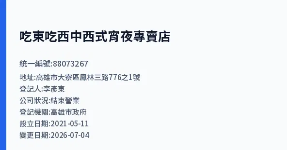 吃東吃西中西式宵夜專賣店的照片-統編 88073267(高雄市) 公司登記資料與營業項目詳細圖表