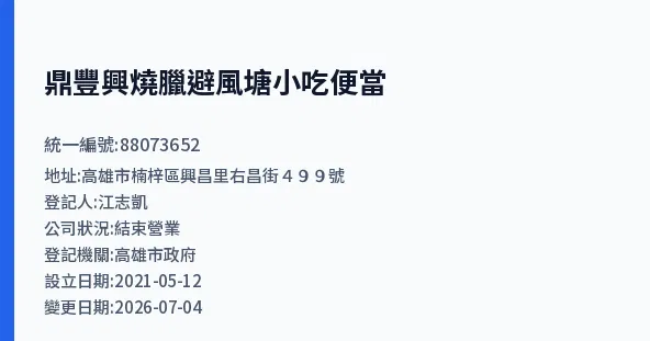 鼎豐興燒臘避風塘小吃便當的照片-統編 88073652(高雄市) 公司登記資料與營業項目詳細圖表