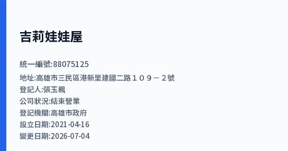 吉莉娃娃屋的照片-統編 88075125(高雄市) 公司登記資料與營業項目詳細圖表