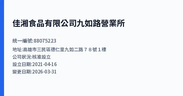佳湘食品有限公司九如路營業所的照片-統編 88075223(高雄市) 公司登記資料與營業項目詳細圖表
