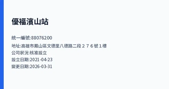 優福濱山站的照片-統編 88076200(高雄市) 公司登記資料與營業項目詳細圖表