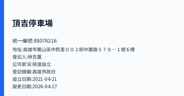 頂吉停車場的照片-統編 88076216(高雄市) 公司登記資料與營業項目詳細圖表