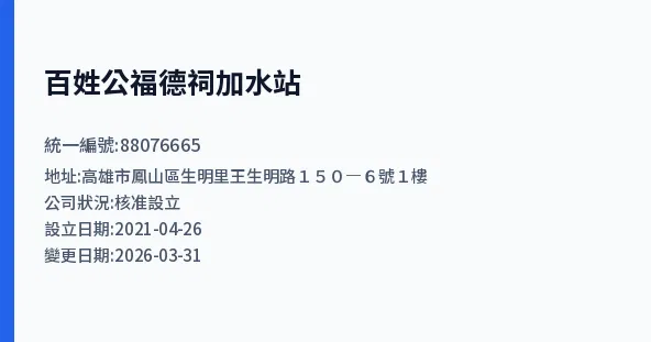 百姓公福德祠加水站的照片-統編 88076665(高雄市) 公司登記資料與營業項目詳細圖表