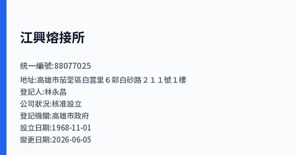 江興熔接所的照片-統編 88077025(高雄市) 公司登記資料與營業項目詳細圖表