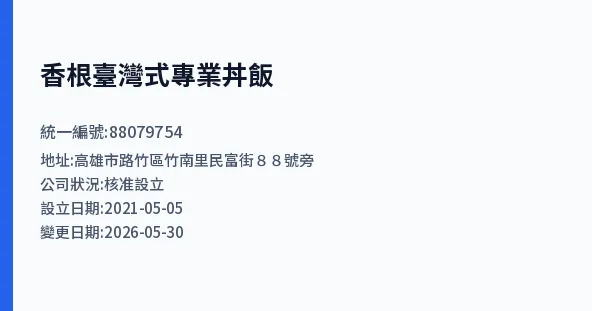 香根臺灣式專業丼飯的照片-統編 88079754(高雄市) 公司登記資料與營業項目詳細圖表
