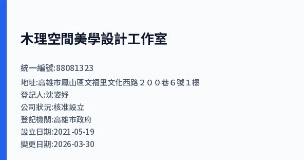 木理空間美學設計工作室的照片-統編 88081323(高雄市) 公司登記資料與營業項目詳細圖表