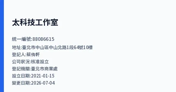 太科技工作室的照片-統編 88086615(臺北市) 公司登記資料與營業項目詳細圖表
