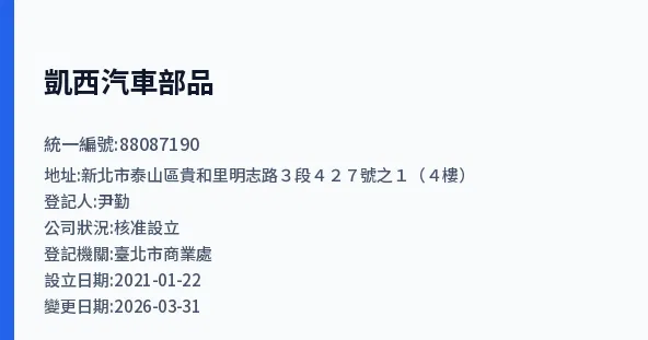 凱西汽車部品的照片-統編 88087190(新北市) 公司登記資料與營業項目詳細圖表