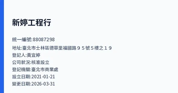 新婷工程行的照片-統編 88087298(臺北市) 公司登記資料與營業項目詳細圖表