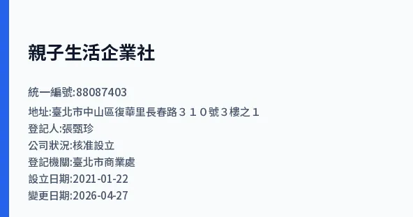 親子生活企業社的照片-統編 88087403(臺北市) 公司登記資料與營業項目詳細圖表