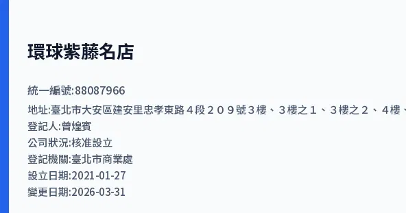 環球紫藤名店的照片-統編 88087966(臺北市) 公司登記資料與營業項目詳細圖表