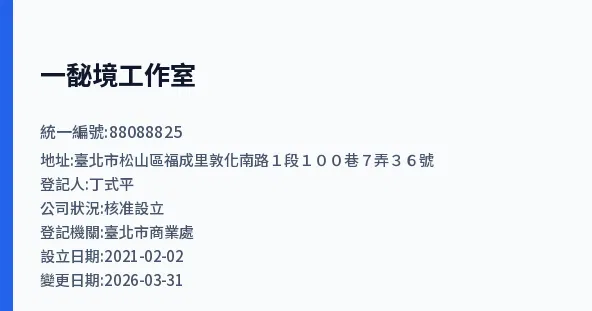 一馝境工作室的照片-統編 88088825(臺北市) 公司登記資料與營業項目詳細圖表