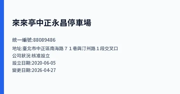 來來亭中正永昌停車場的照片-統編 88089486(臺北市) 公司登記資料與營業項目詳細圖表