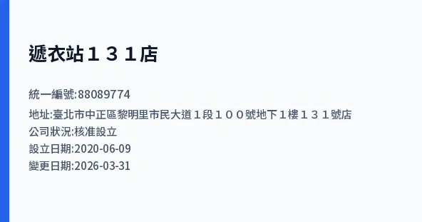遞衣站131店的照片-統編 88089774(臺北市) 公司登記資料與營業項目詳細圖表