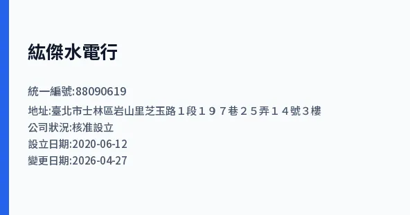 紘傑水電行的照片-統編 88090619(臺北市) 公司登記資料與營業項目詳細圖表