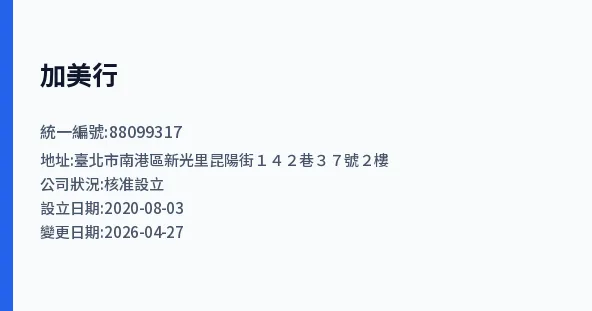 加美行的照片-統編 88099317(臺北市) 公司登記資料與營業項目詳細圖表