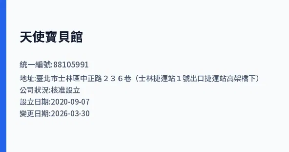 天使寶貝館的照片-統編 88105991(臺北市) 公司登記資料與營業項目詳細圖表