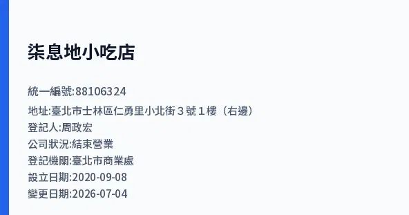 柒息地小吃店的照片-統編 88106324(臺北市) 公司登記資料與營業項目詳細圖表
