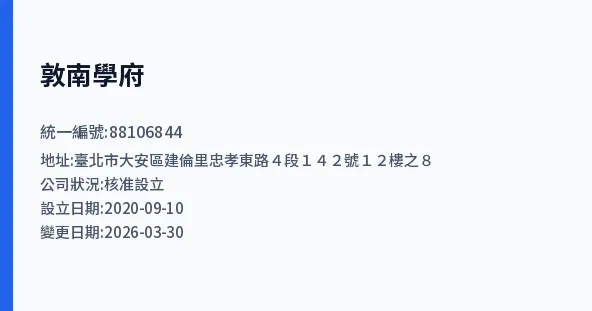 敦南學府的照片-統編 88106844(臺北市) 公司登記資料與營業項目詳細圖表