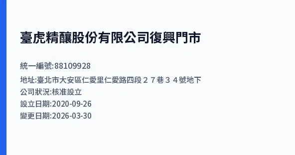 臺虎精釀股份有限公司復興門市的照片-統編 88109928(臺北市) 公司登記資料與營業項目詳細圖表