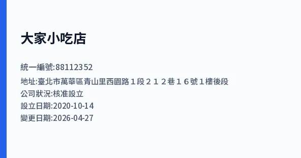 大家小吃店的照片-統編 88112352(臺北市) 公司登記資料與營業項目詳細圖表