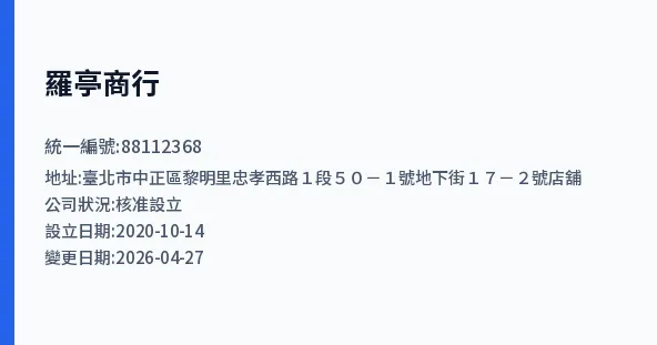 羅亭商行的照片-統編 88112368(臺北市) 公司登記資料與營業項目詳細圖表