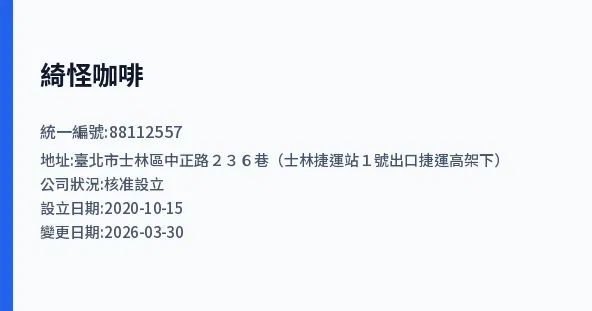 綺怪咖啡的照片-統編 88112557(臺北市) 公司登記資料與營業項目詳細圖表