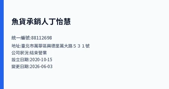 魚貨承銷人丁怡慧的照片-統編 88112698(臺北市) 公司登記資料與營業項目詳細圖表