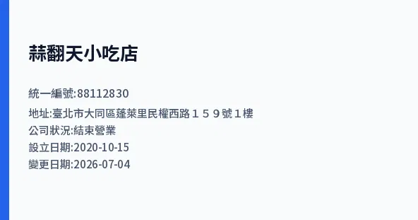 蒜翻天小吃店的照片-統編 88112830(臺北市) 公司登記資料與營業項目詳細圖表