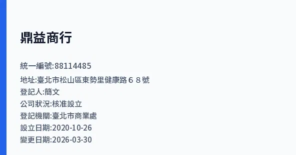 鼎益商行的照片-統編 88114485(臺北市) 公司登記資料與營業項目詳細圖表