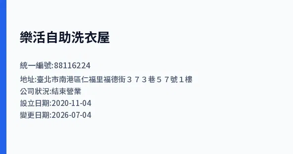 樂活自助洗衣屋的照片-統編 88116224(臺北市) 公司登記資料與營業項目詳細圖表