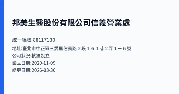 邦美生醫股份有限公司信義營業處的照片-統編 88117130(臺北市) 公司登記資料與營業項目詳細圖表