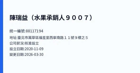 陳瑞益(水果承銷人9007)的照片-統編 88117194(臺北市) 公司登記資料與營業項目詳細圖表