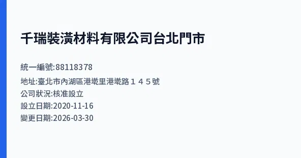 千瑞裝潢材料有限公司台北門市的照片-統編 88118378(臺北市) 公司登記資料與營業項目詳細圖表