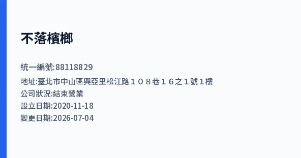 不落檳榔的照片-統編 88118829(臺北市) 公司登記資料與營業項目詳細圖表