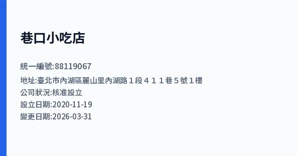 巷口小吃店的照片-統編 88119067(臺北市) 公司登記資料與營業項目詳細圖表