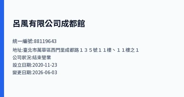呂風有限公司成都館的照片-統編 88119643(臺北市) 公司登記資料與營業項目詳細圖表
