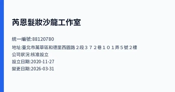 芮恩髮妝沙龍工作室的照片-統編 88120780(臺北市) 公司登記資料與營業項目詳細圖表