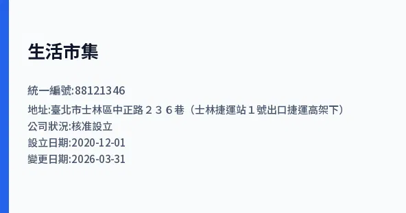 生活市集的照片-統編 88121346(臺北市) 公司登記資料與營業項目詳細圖表