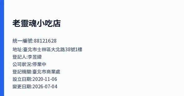 老靈魂小吃店的照片-統編 88121628(臺北市) 公司登記資料與營業項目詳細圖表