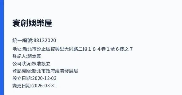 寰創娛樂屋的照片-統編 88122020(新北市) 公司登記資料與營業項目詳細圖表