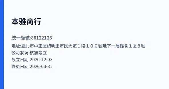 本雅商行的照片-統編 88122128(臺北市) 公司登記資料與營業項目詳細圖表
